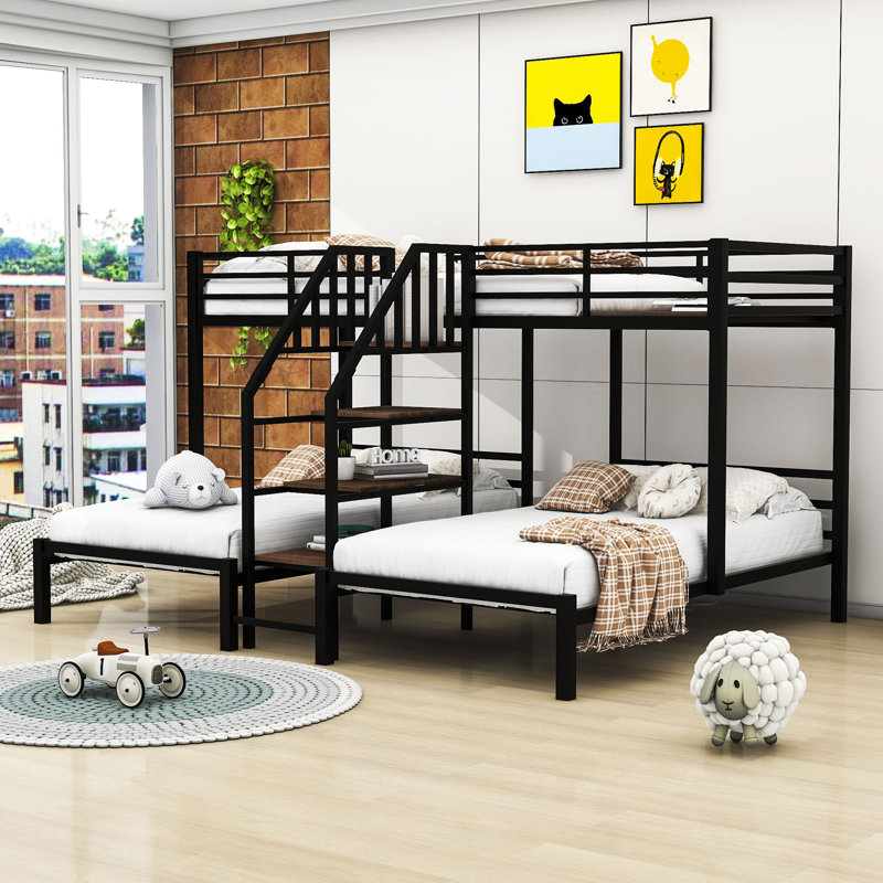 Habibe Twin Over Twin Twin Metal Triple Bunk Bed with Storage Shelves Staircase Harriet Bee Bed Frame Color Black